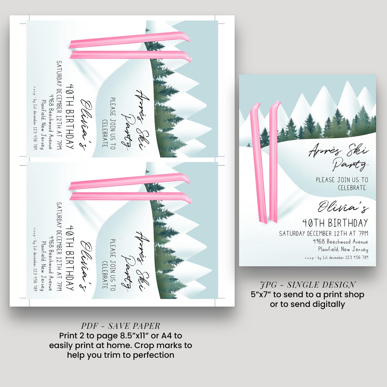 Après Ski Party Invitation – Editable Pink Ski 40th Birthday Invite ...