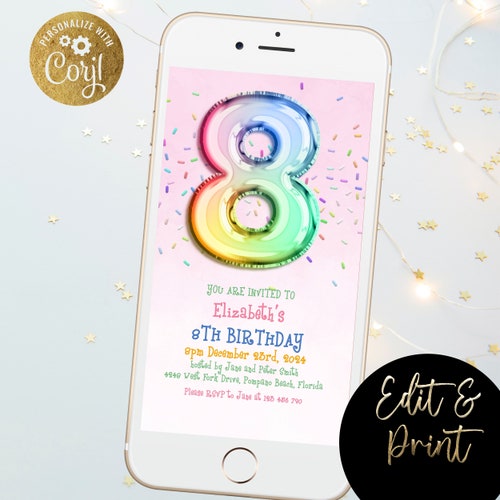 8th Rainbow Birthday Invitation Editable Template Rainbow Etsy