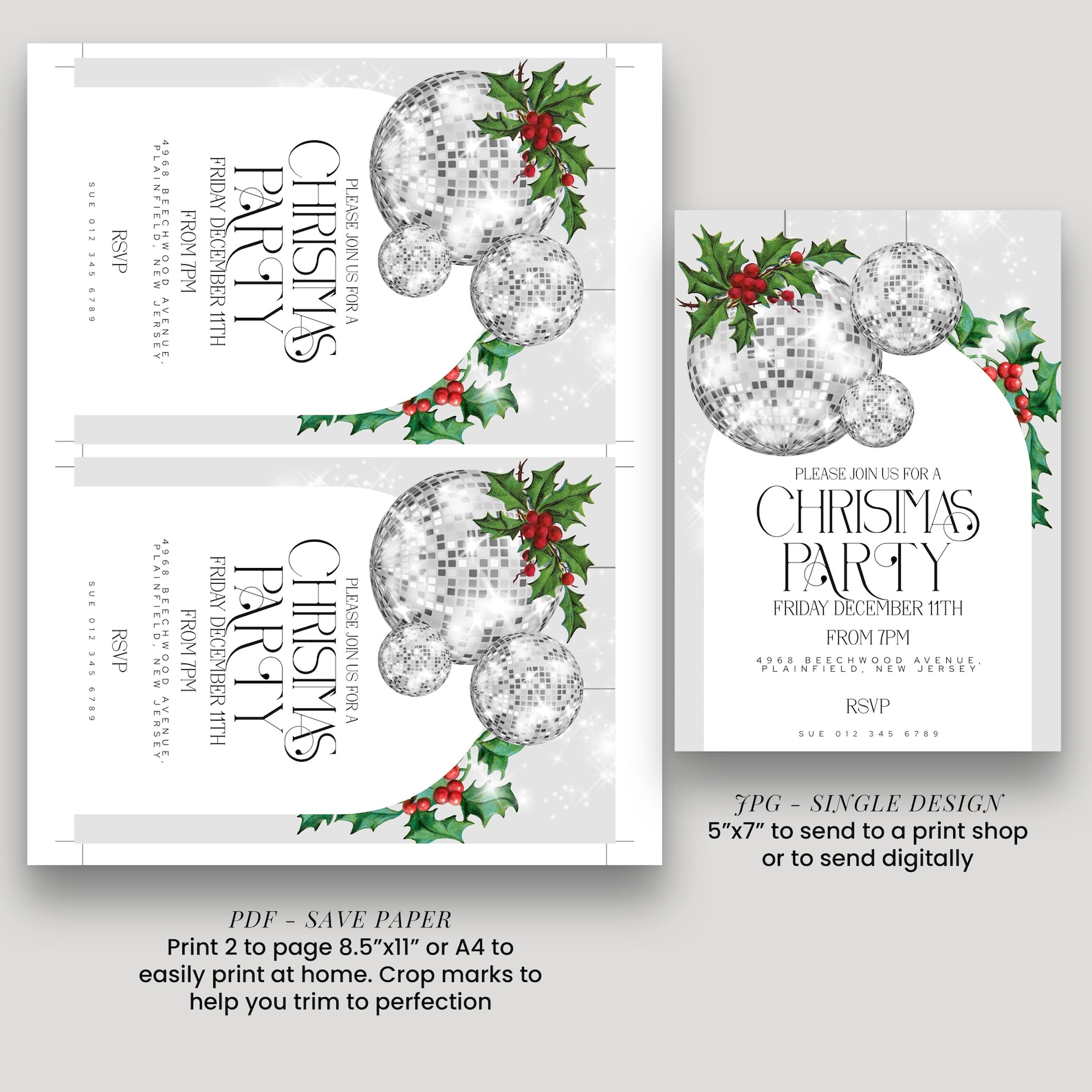 Christmas Party Invite With Info Card Editable Disco Ball Corjl ...