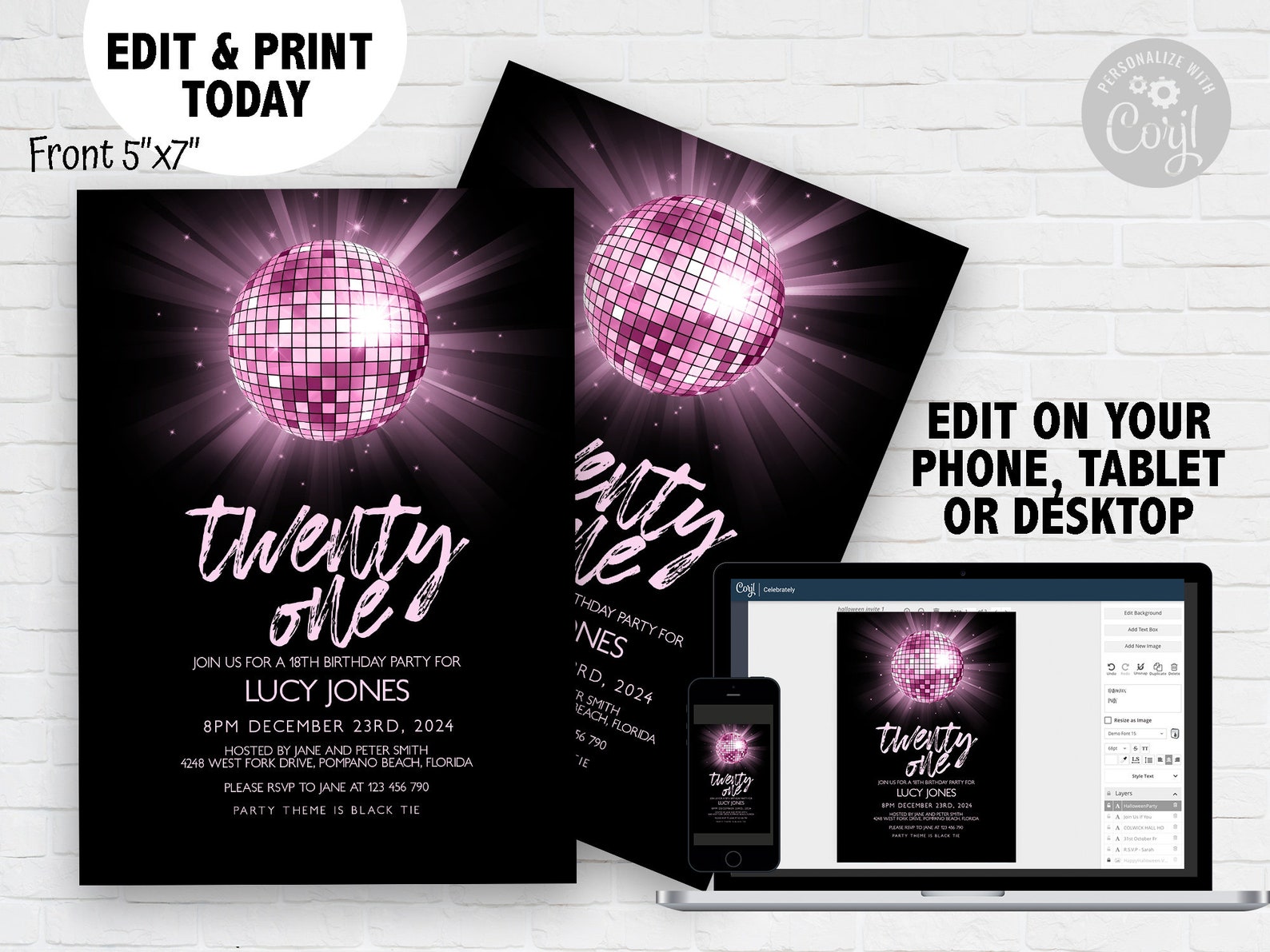 Disco Ball Invitation 21st Pink Birthday Invitation Template - Etsy