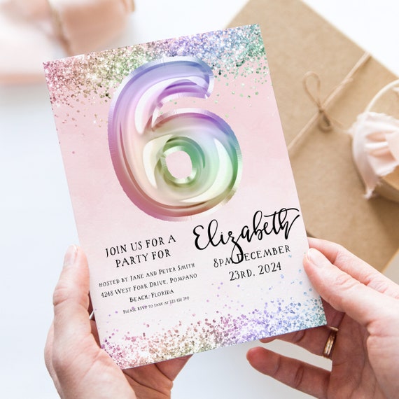 6th Rainbow Birthday Invitation Editable Template Pastel Rainbow ...