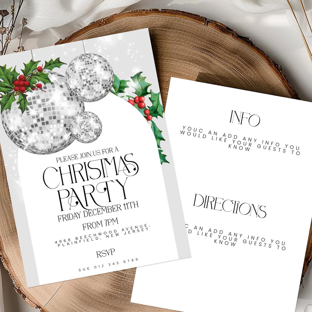 Christmas Party Invite With Info Card Editable Disco Ball Corjl ...