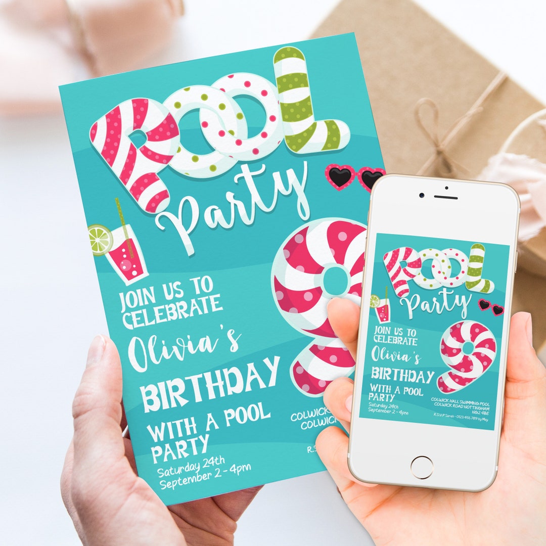 9th Birthday Pool Party Invitation for Girls, Editable Summer Party ...