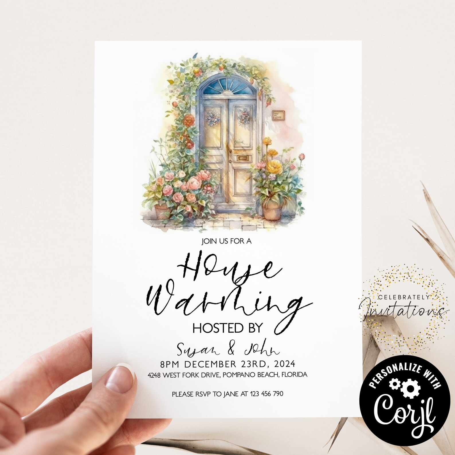 House Warming Invite Editable Watercolor Door: Minimalist Party ...