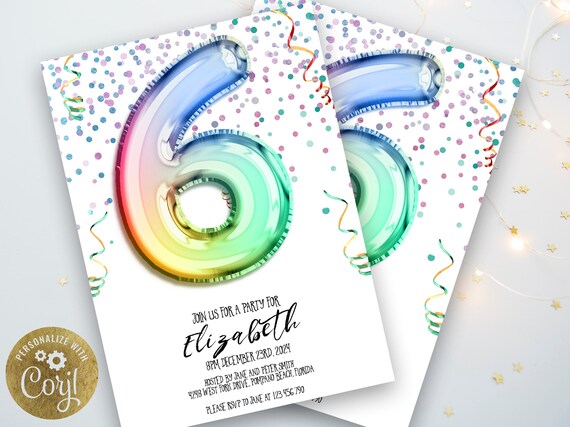6th Rainbow Birthday Invitation Editable Template Rainbow Balloon ...
