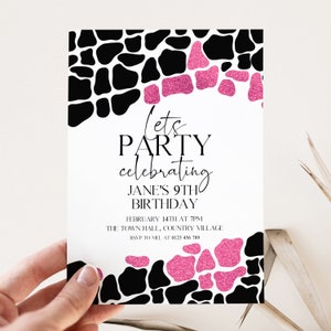 Editable Cow Print Party Invitation Pink Glitter Cow Print Birthday ...