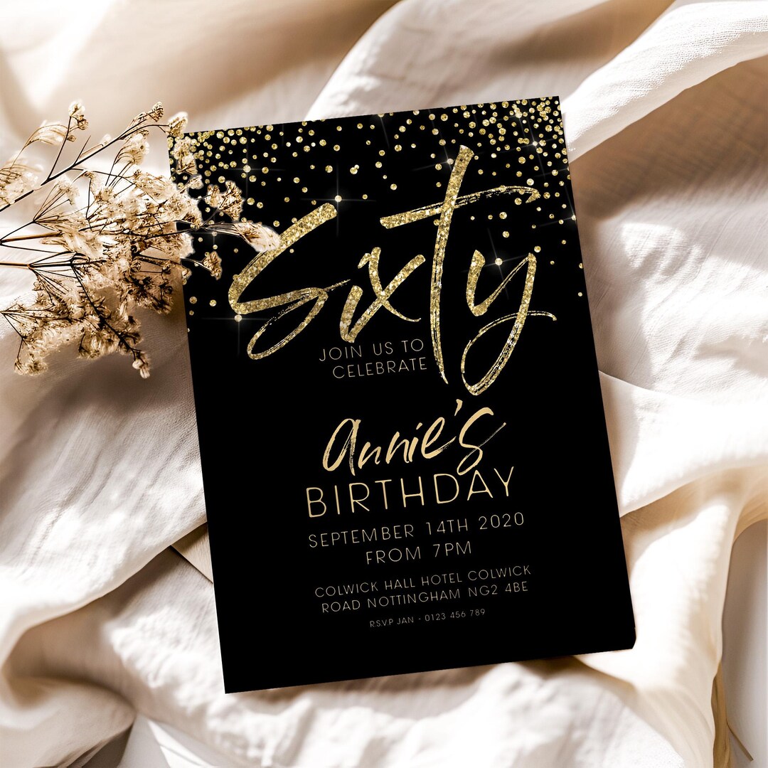 60th Invitation 60th Birthday Invitation Party Birthday Gold Glitter ...