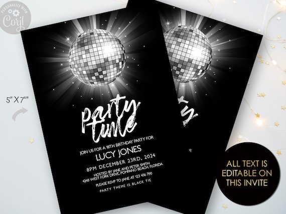 Disco Ball Invitation Party Time Silver Birthday Invitation Template ...