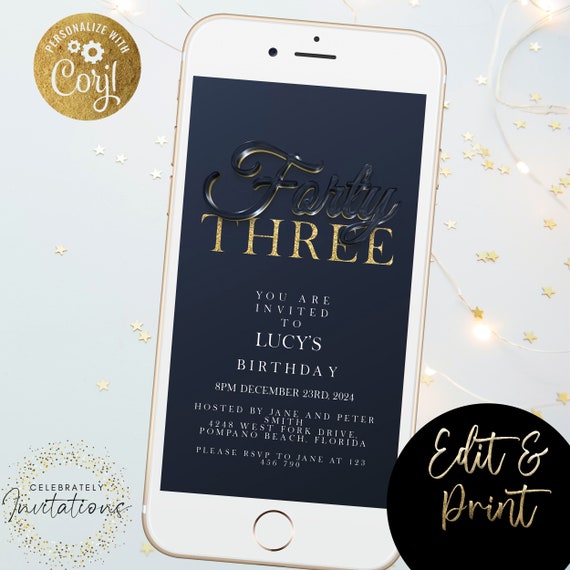 43rd Birthday Party Evite, Electronic Invitation Template, Digital ...