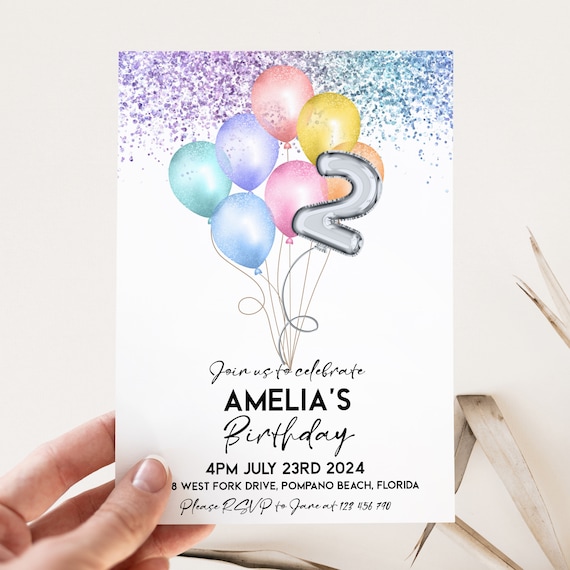 2nd Birthday Invitation Balloon Editable Printable Invite Rainbow ...