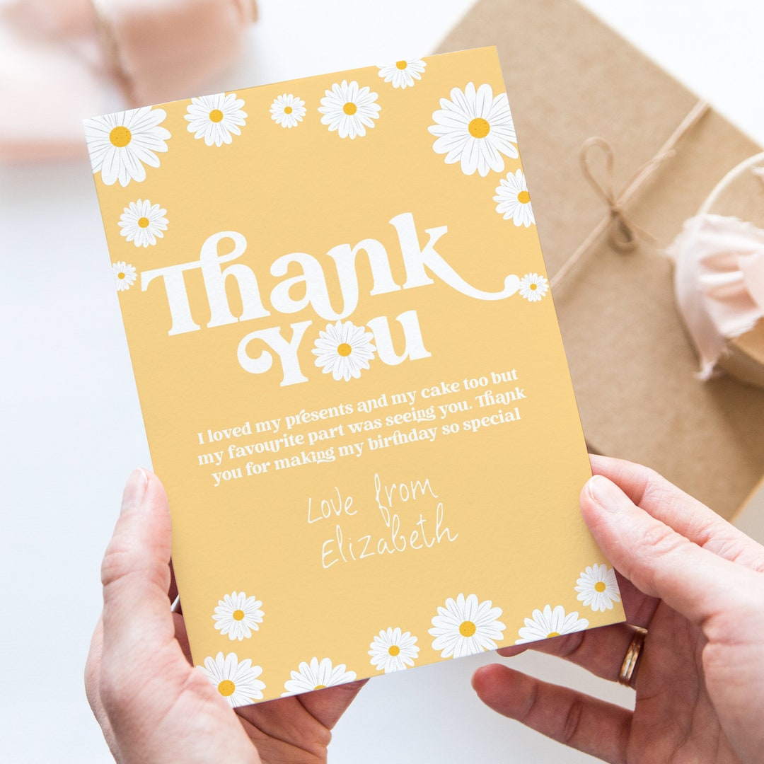 Daisy Thank You Card Editable Template Yellow Daisy Retro Thank You ...
