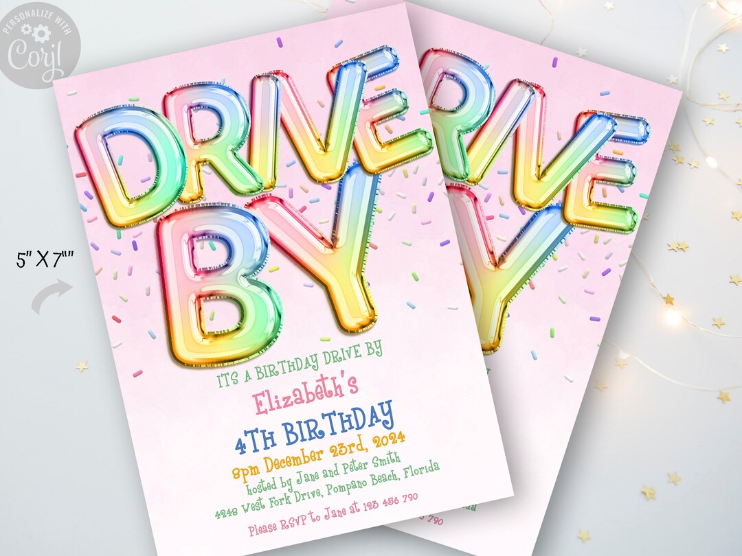 Drive by Birthday Invitation Template Rainbow Balloons Editable Drive ...