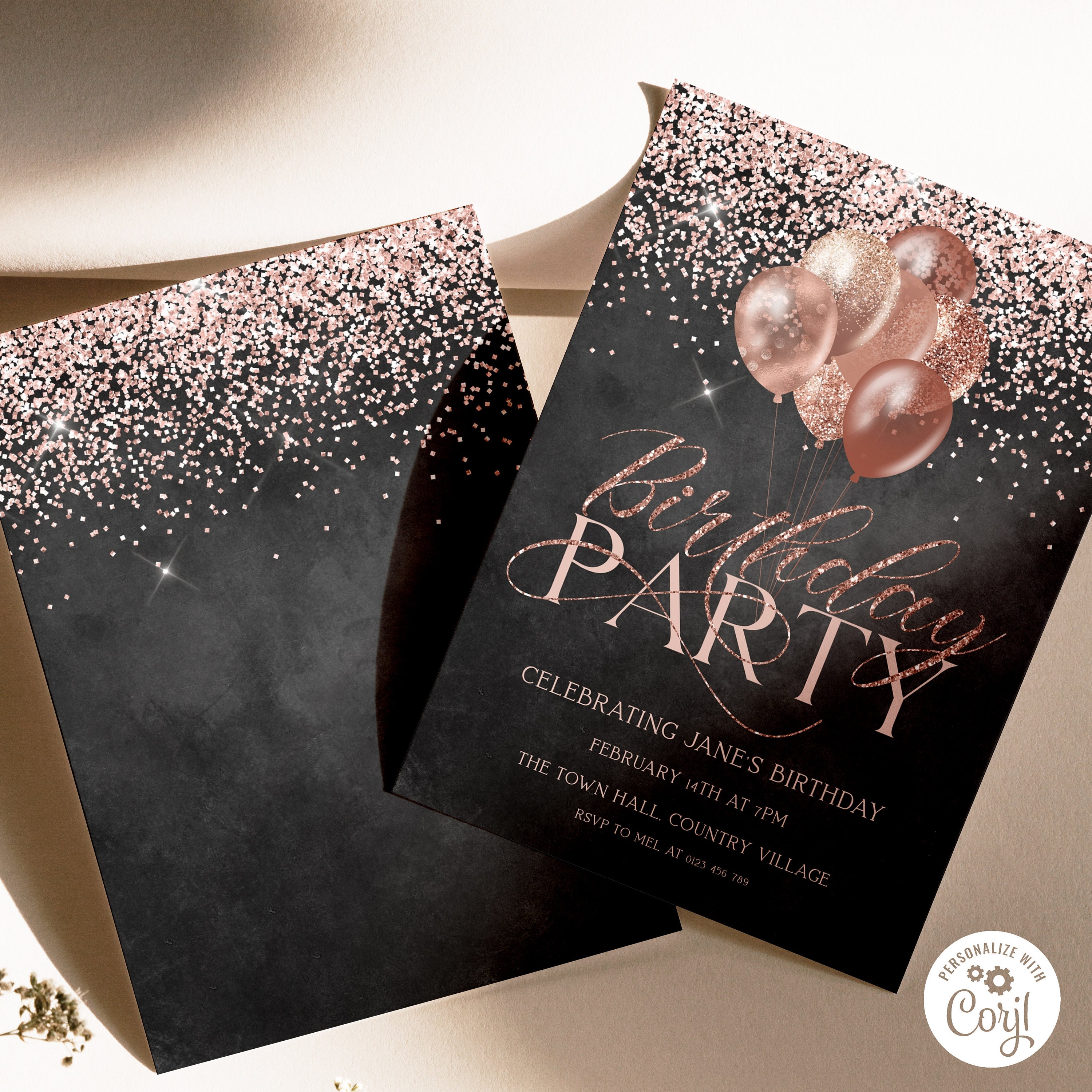 Birthday Party Invitation Rose Gold Balloons Chalkboard Etsy Uk