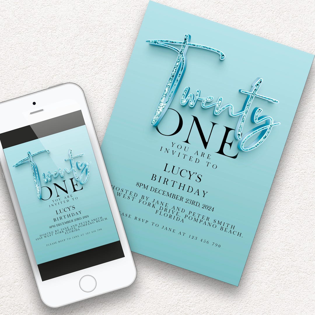 21st Birthday, Editable Twenty One, Digital Milestone Birthday, Blue ...