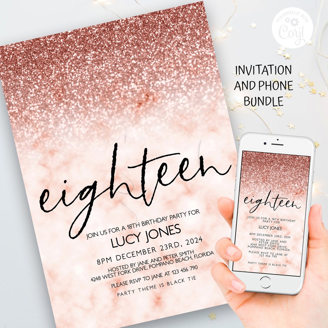 18th Birthday Party Invitation and Digital Invite Bundle Rose Gold ...