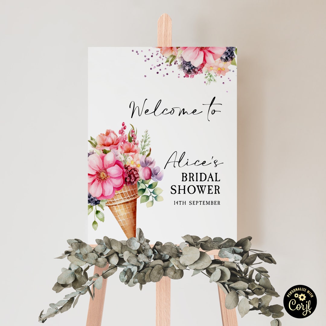 Ice Cream Bridal Shower Welcome Sign, Pink Floral Ice Cream Cone, She's ...