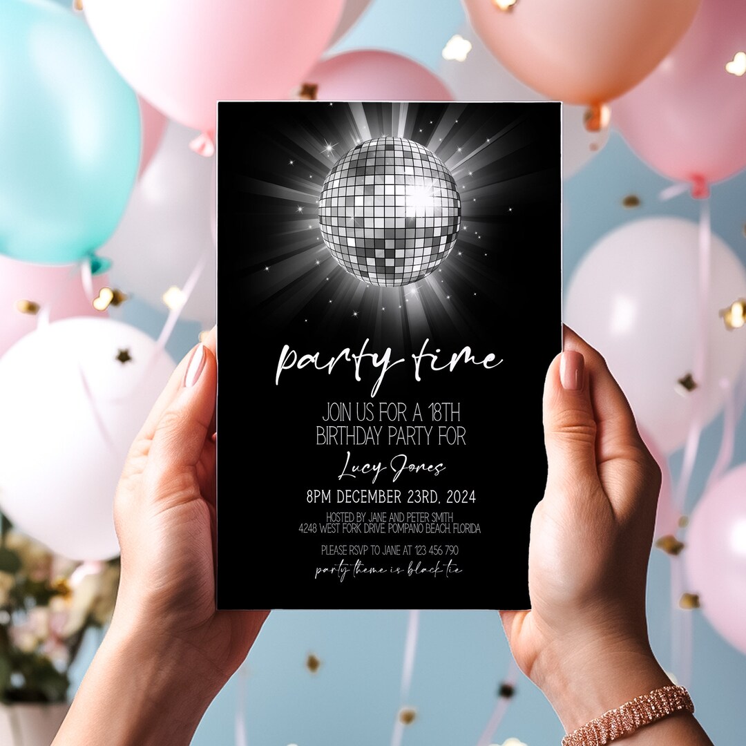 Disco Ball Invitation Party Time Silver Birthday Invitation Template ...