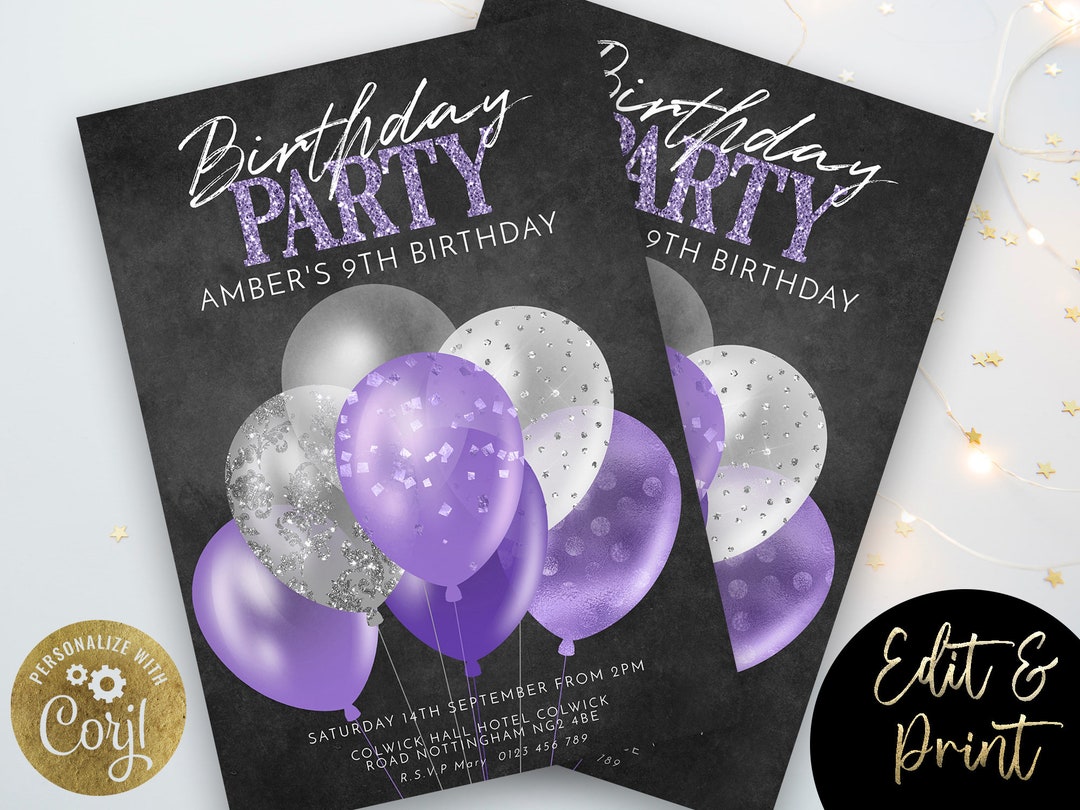 Editable Birthday Party Invitation Purple Silver Glitter Balloon ...