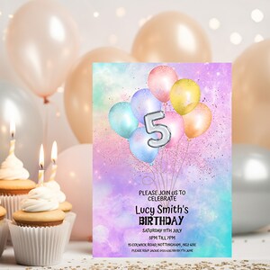 5th Birthday Invitation Rainbow Balloon Printable Invite for Boy ...