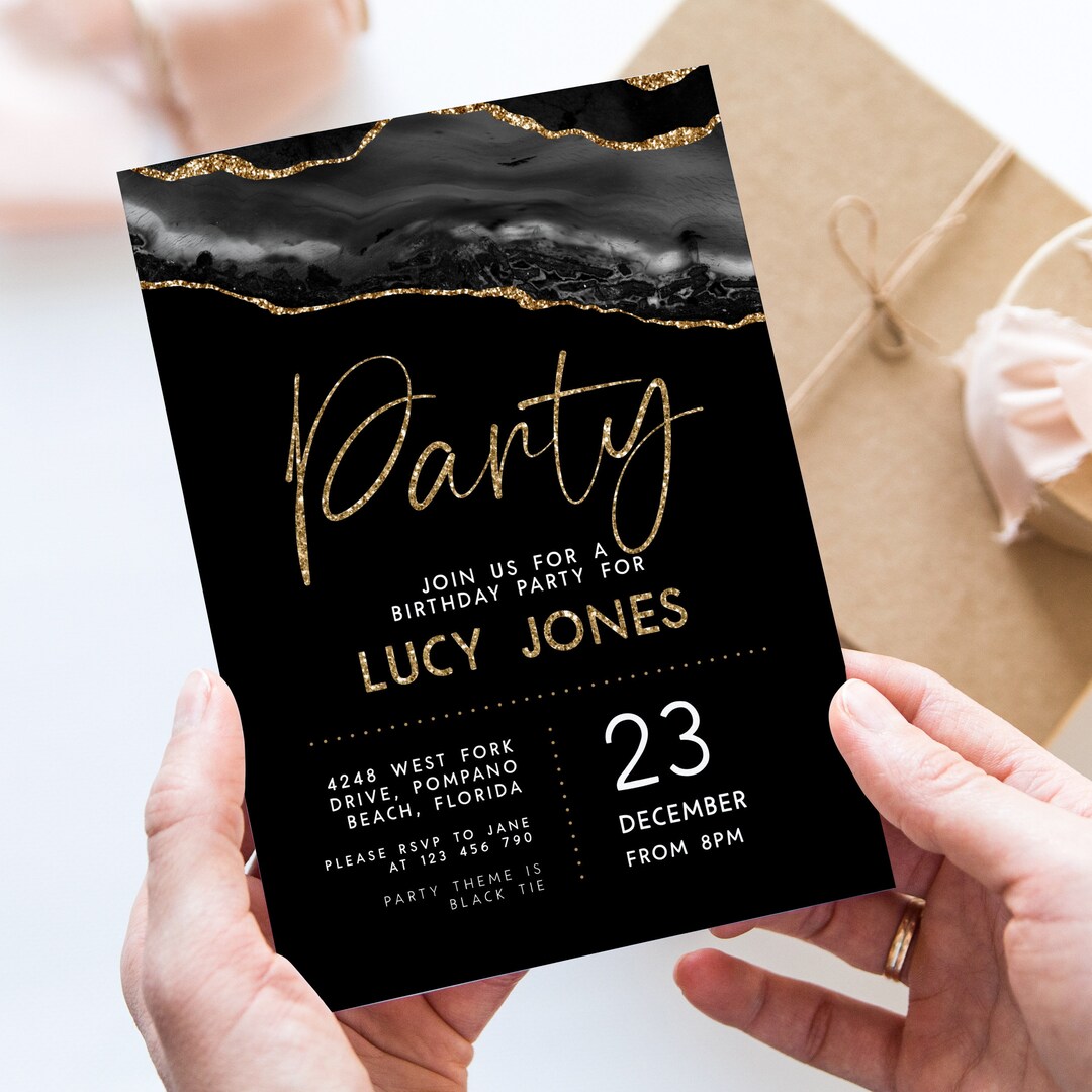 Agate Black and Gold Party Invitation Template All Text Editable Any ...