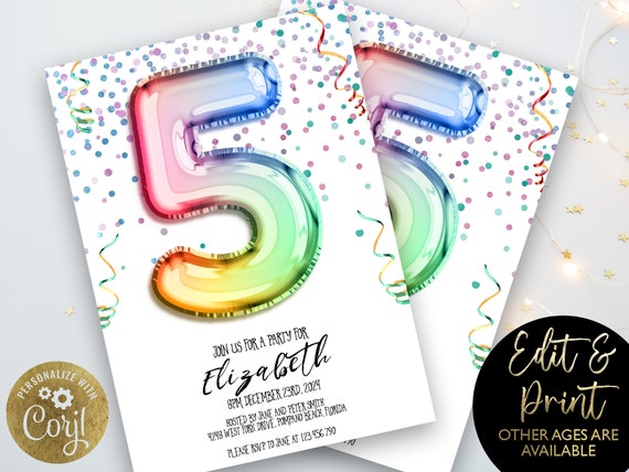 5th Birthday Invitation Editable Template Rainbow Balloon Invite 5 Year ...