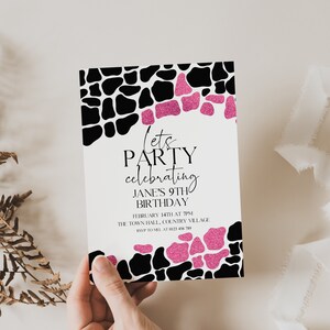 Editable Cow Print Party Invitation Pink Glitter Cow Print Birthday ...