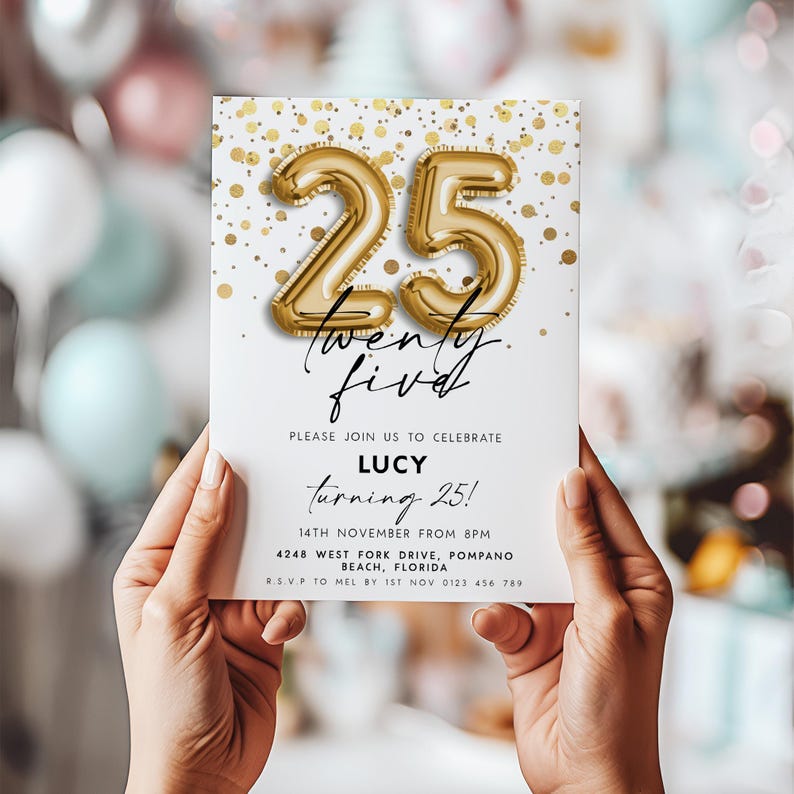 25th Birthday Invitation: Gold Balloon Design - Editable Corjl Template ...