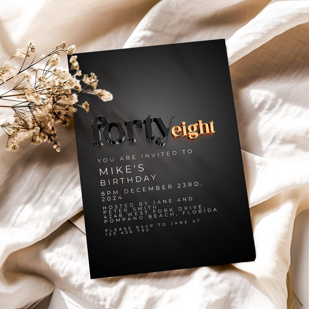 48th Birthday Invitation Editable Template: Black Gold Minimalist Style ...