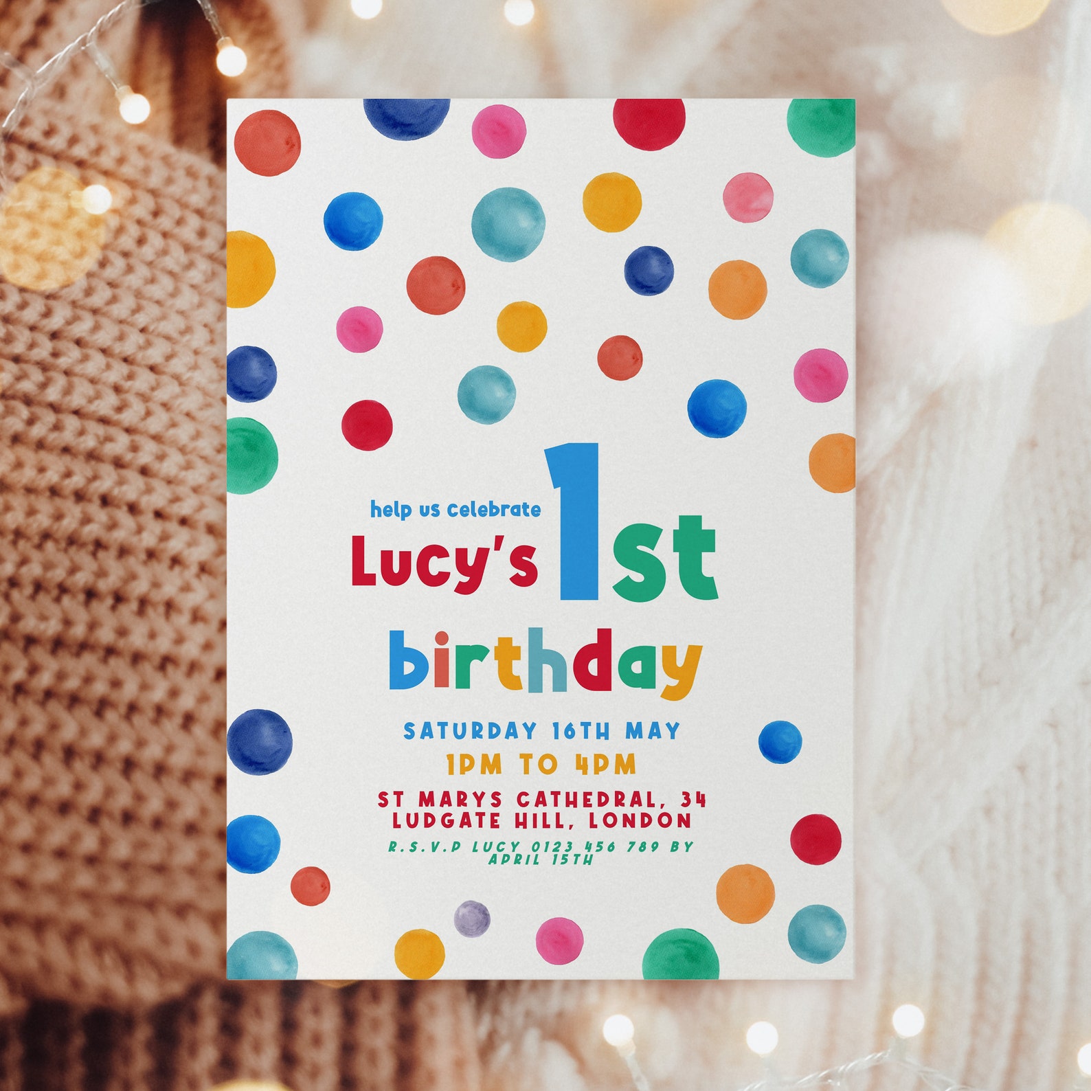 1st Birthday Invitation Editable: Multi Coloured Polka Dot Design ...