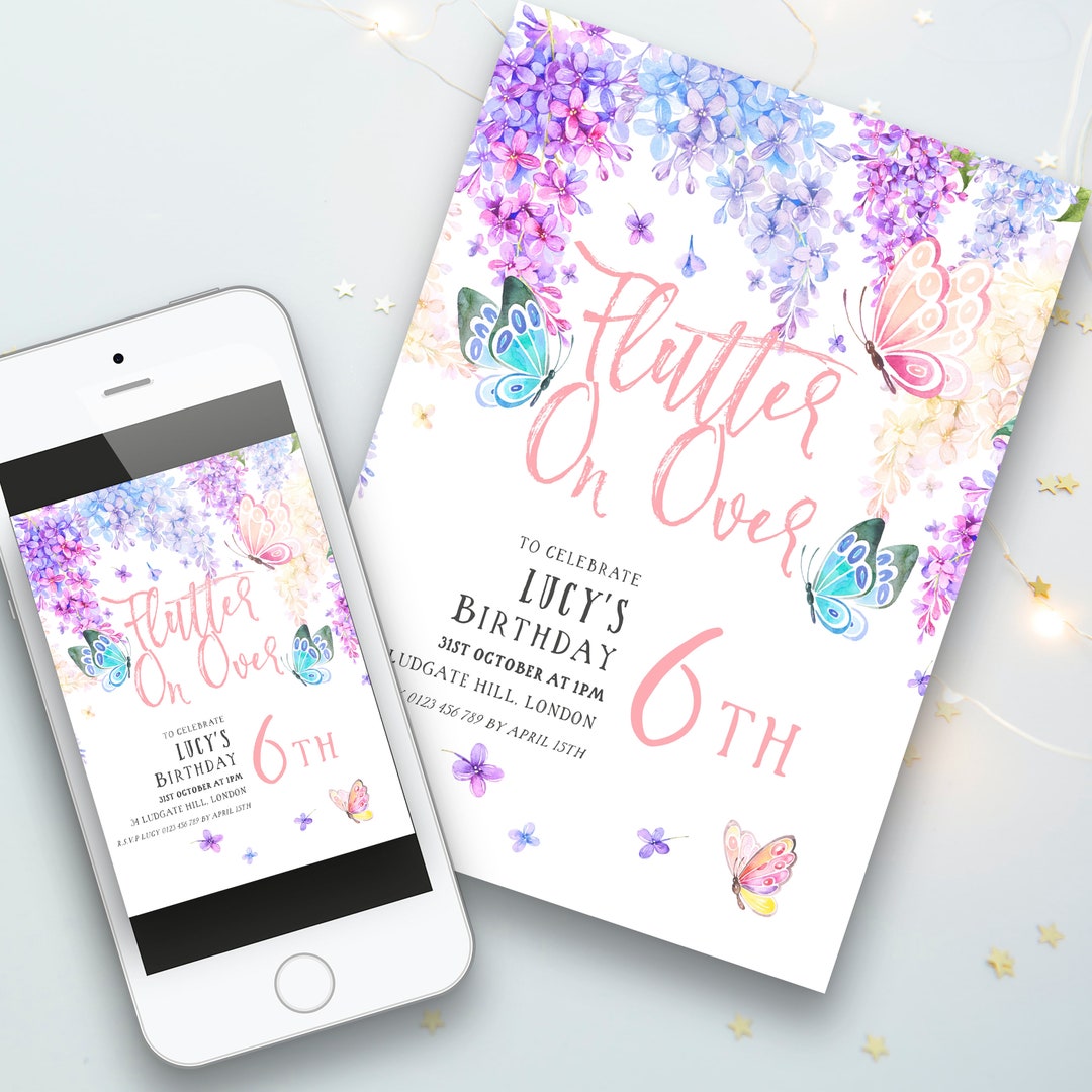 6th Birthday Invitation Editable Flutter on by Butterfly Party ...