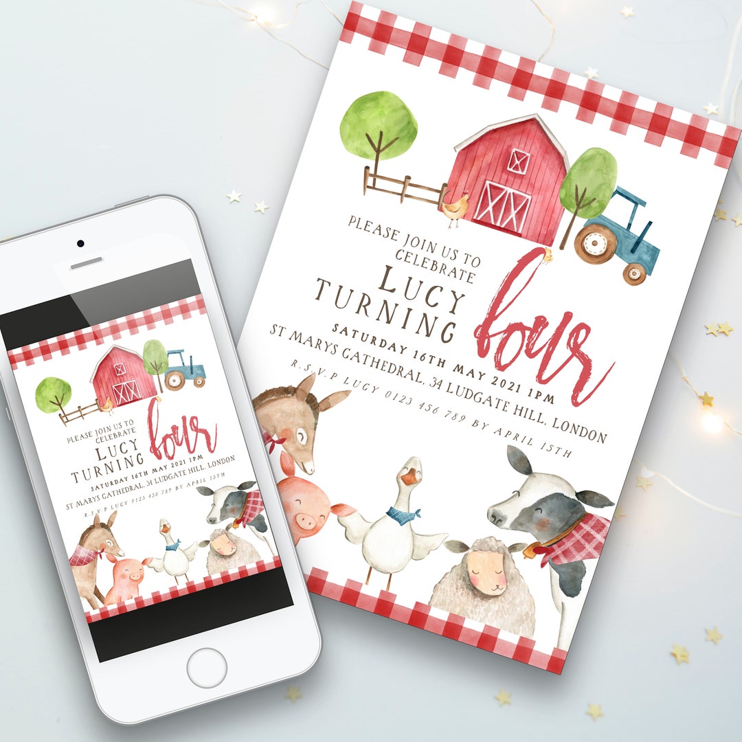 4th Birthday EDITABLE Farm Birthday Invitation, Barn Animals Party ...