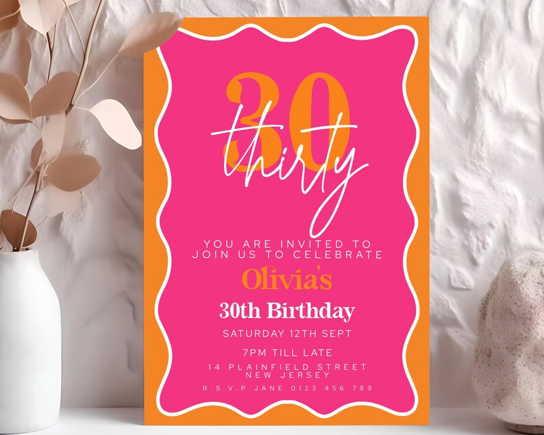 30th Birthday Invite Pink and Orange Editable Party Invite Modern Forty ...