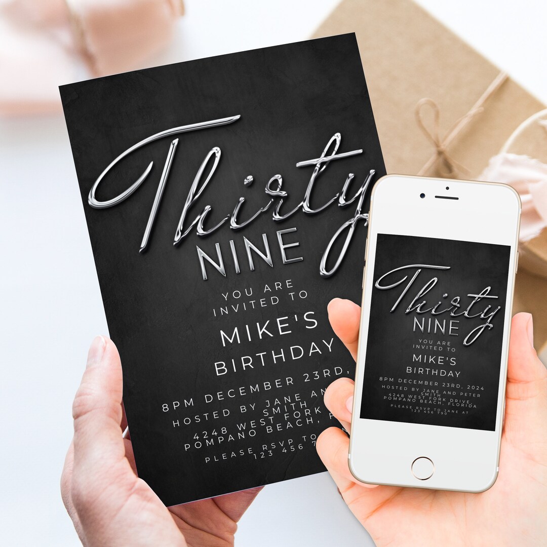 39th Birthday Invitation Editable Any 30s Age Invite Black Silver ...