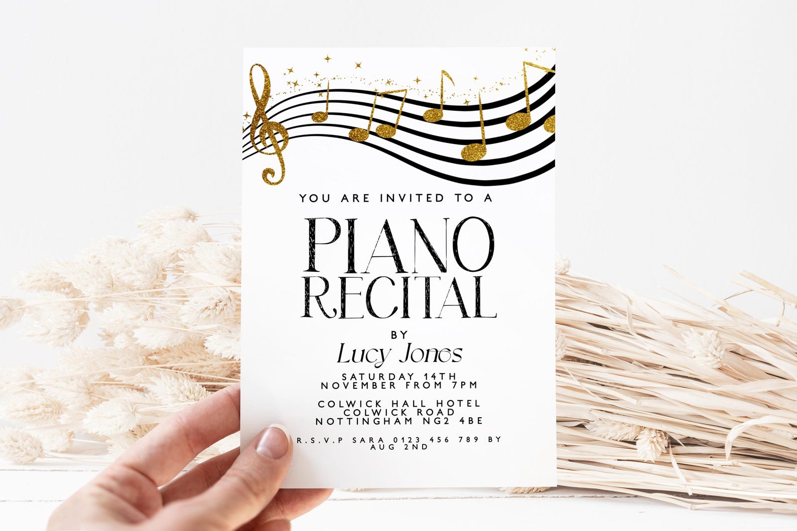 Piano Recital Invitation – Editable Gold & Black Musical Notes Digital ...