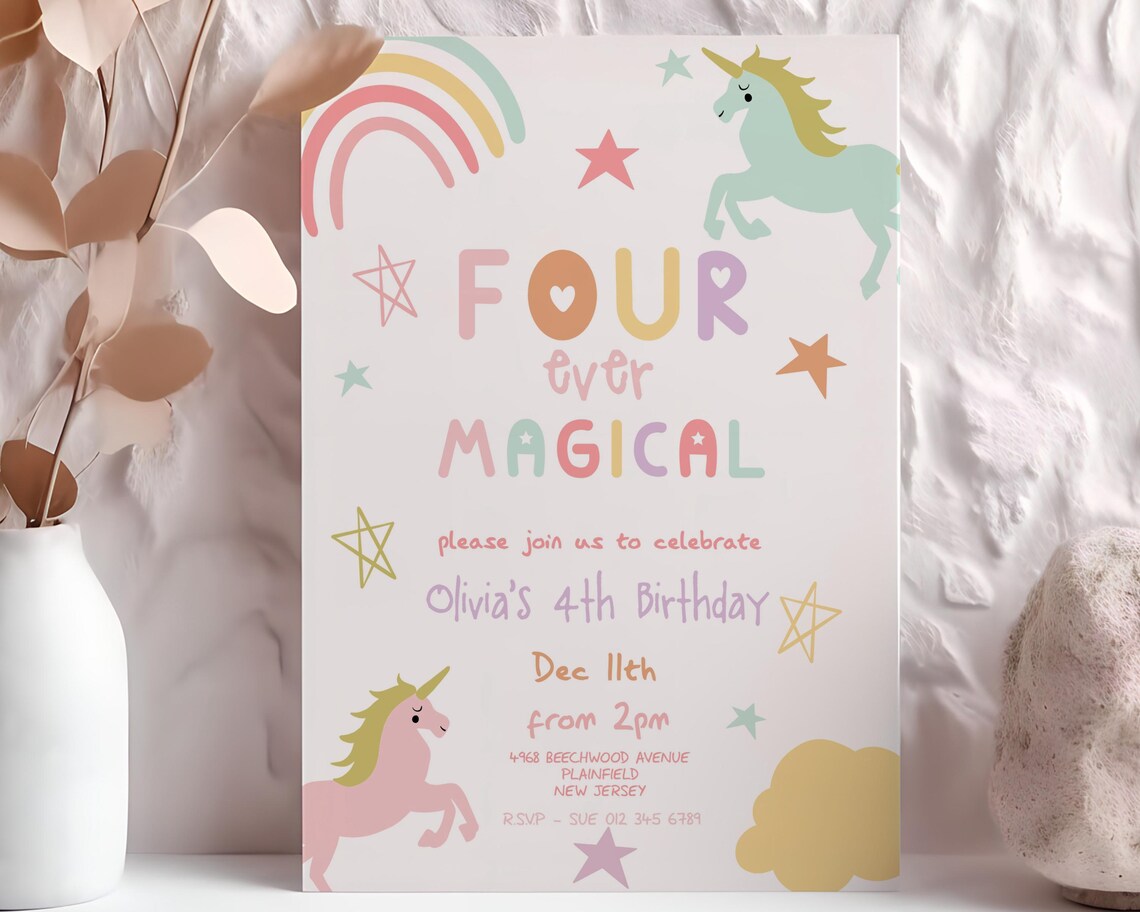 Four Ever Magical Unicorn Birthday Invite Editable Corjl Girl Pastel ...