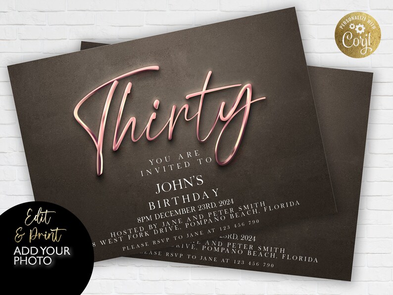 Editable 30th Birthday Invitation Template Pink Black Thirty Simple ...