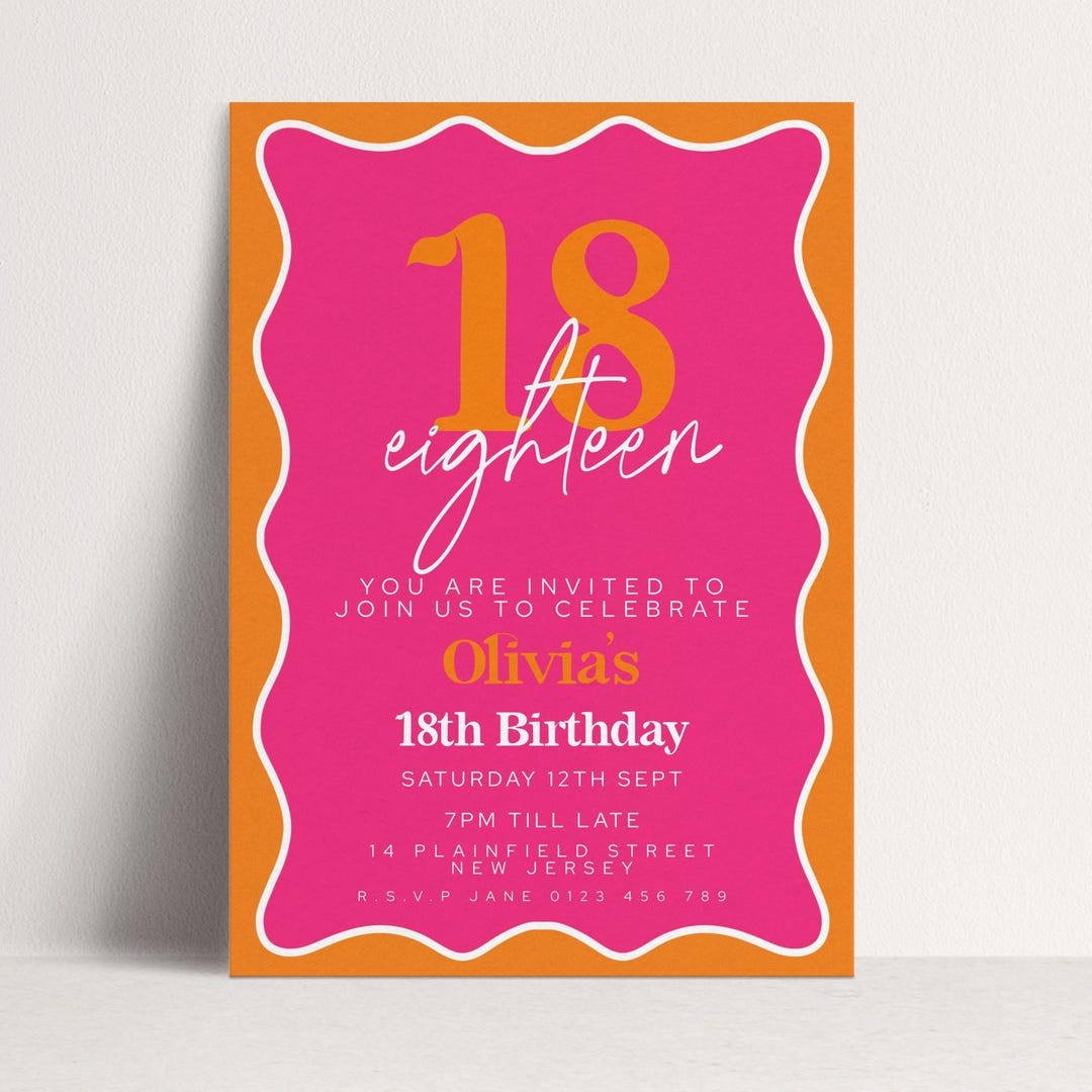 18th Birthday Invite Editable Pink Orange - Modern Wavy Border ...