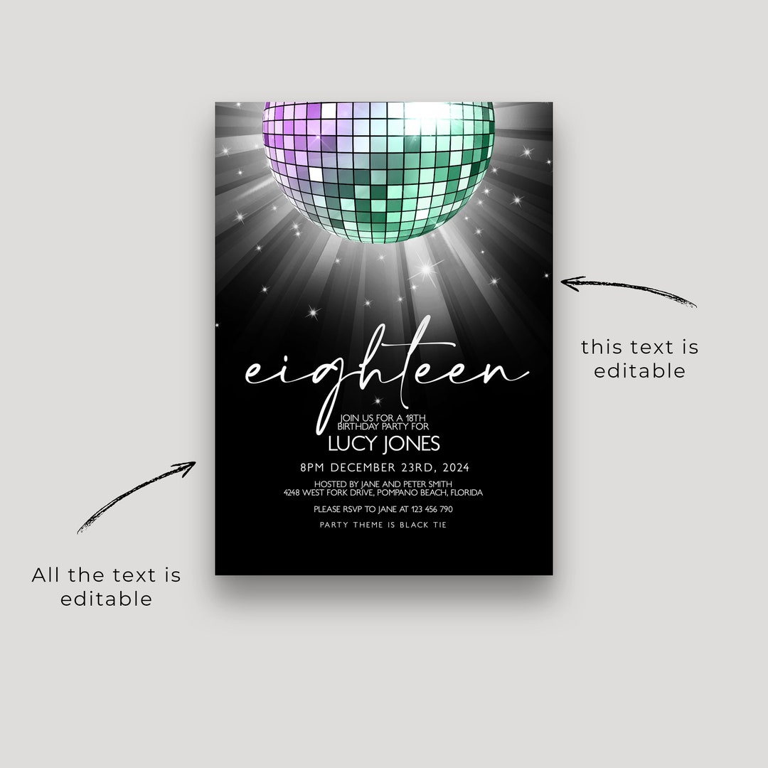 Disco Ball Invitation 18th Birthday Invitation Template All Text ...