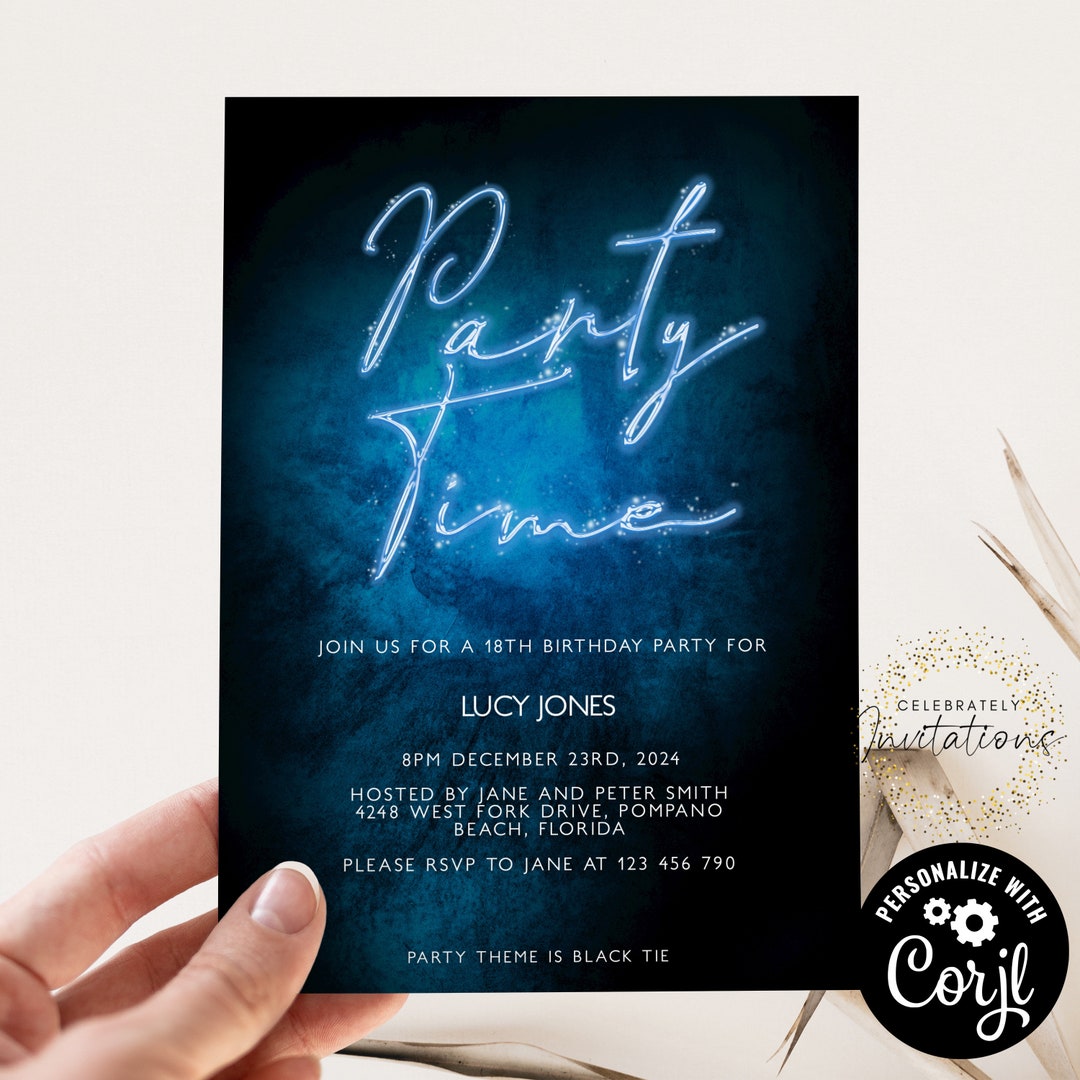 Printable Party Time Invitation Black Blue Editable Invitation for Him ...