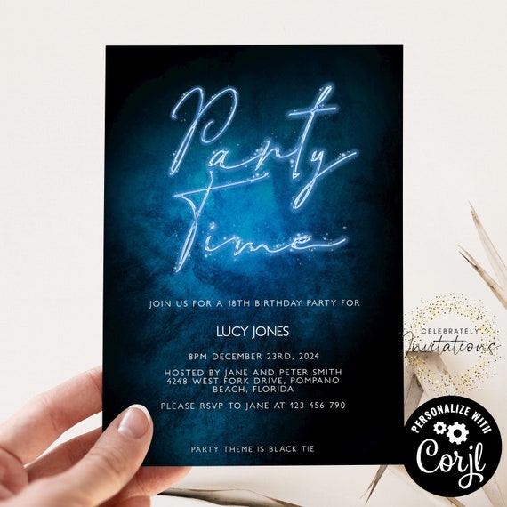 Printable Party Time Invitation Black Blue , Editable Invitation For ...