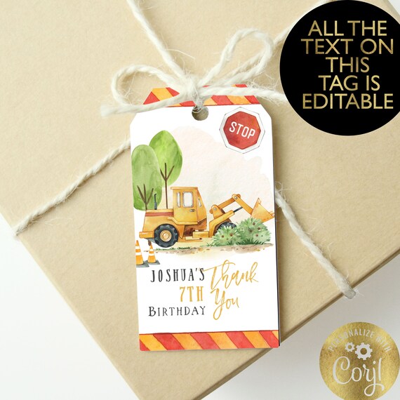 Construction Birthday Tag Printable EDITABLE Tag for for Boys - Etsy
