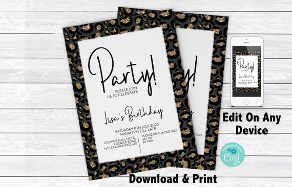 Printable Leopard Print Party Invitation Faux Glitter Animal Print ...