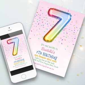 7th Rainbow Birthday Invitation Editable Template Rainbow Balloon ...
