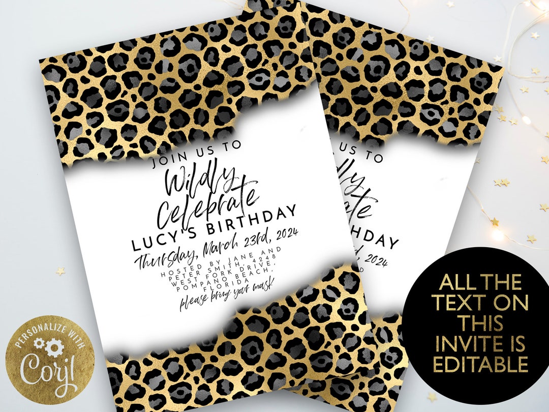 Editable Leopard Print Party Invitation Leopard Faux Glitter Animal ...