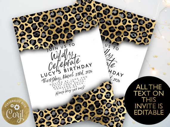 Editable Leopard Print Party Invitation Leopard Faux Glitter Animal ...