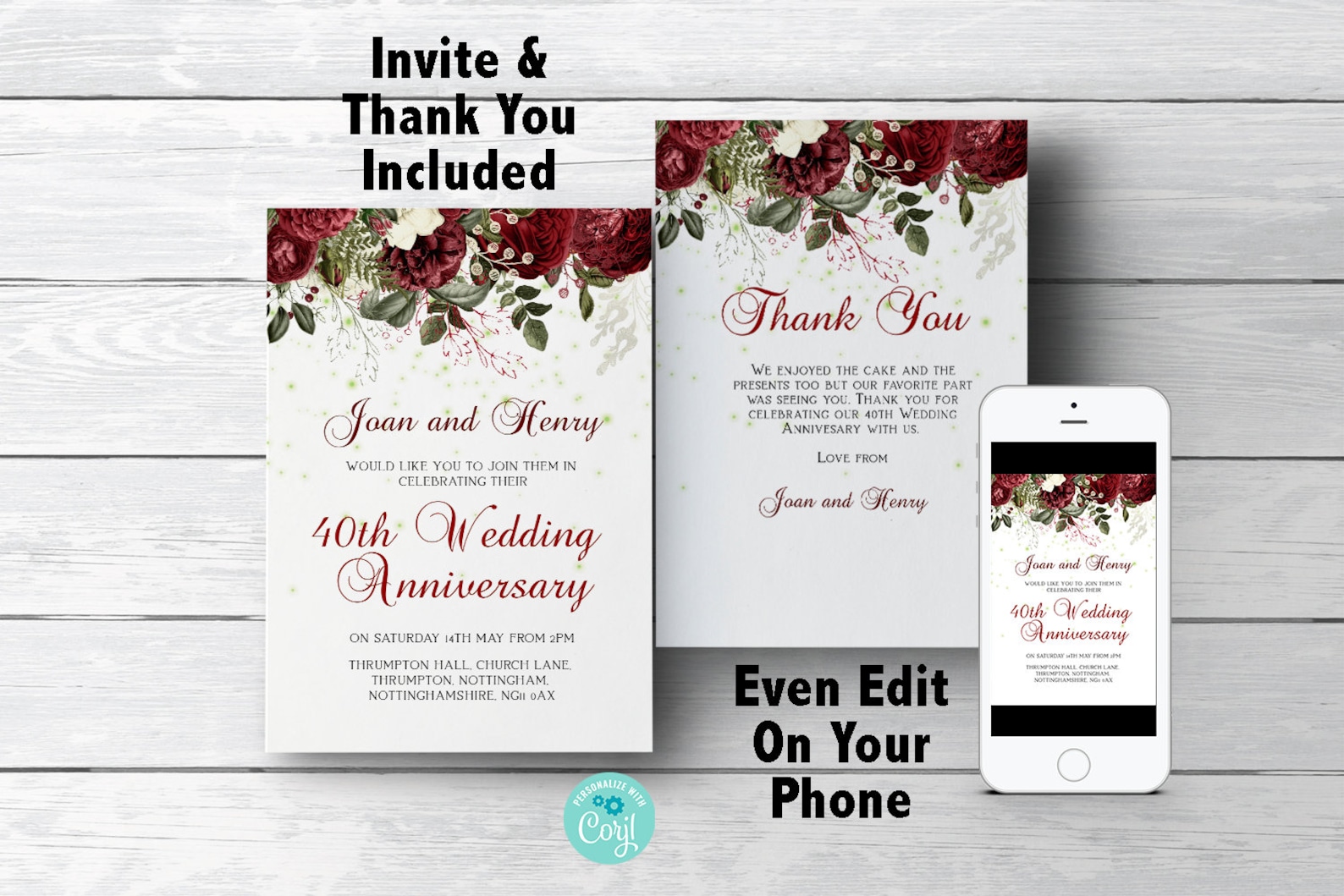 40th Ruby Wedding Anniversary Invitation and Thank You 40th - Etsy
