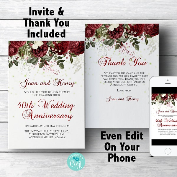 Ruby 40th Wedding Anniversary Invitation - Etsy