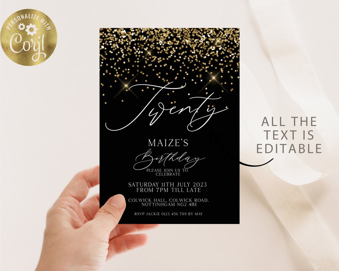 20th Birthday Party Invitation Invite Simple Modern Black Gold Glitter ...