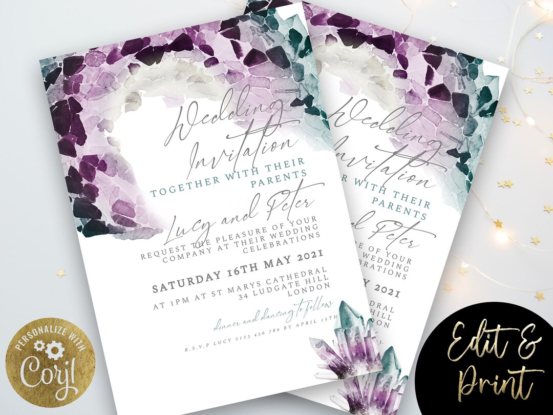Geode Wedding Invitation Editable Invitation Crystal Invite Purple ...