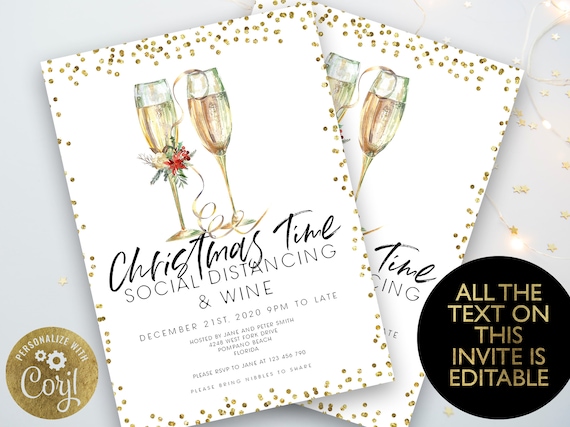 Christmas Time Social Distancing and Wine Invitation New Year Eve Party ...